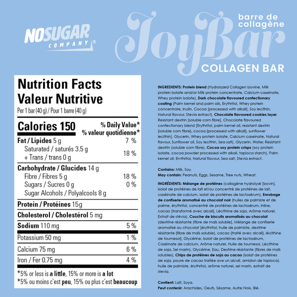 JOYBAR Collagen Bar - Cookies and Cream - 12 Bars, 40g (1.41oz) per Ba - No Sugar Company Inc.