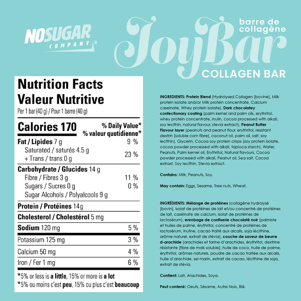 JOYBAR Collagen Bar - Chocolate Peanut Butter Flavour - 12 Bars, 40g ( - No Sugar Company Inc.